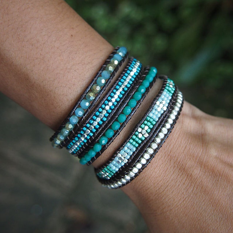 Green Mix Beaded Wrap Bracelet Bohemian Bracelet Beadwork Etsy