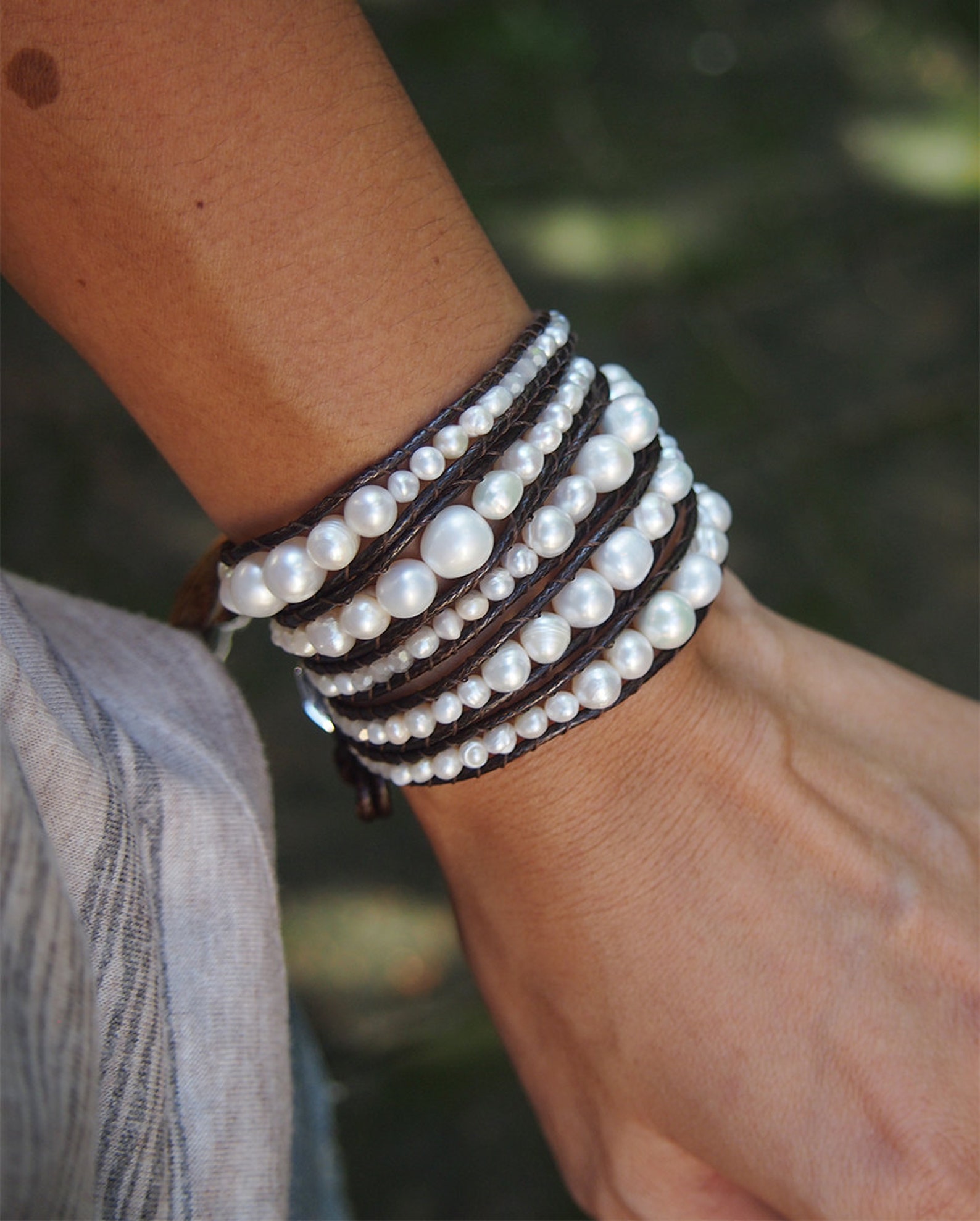 5 Times White Freshwater Pearl Mix Wrap Bracelet On Brown Etsy