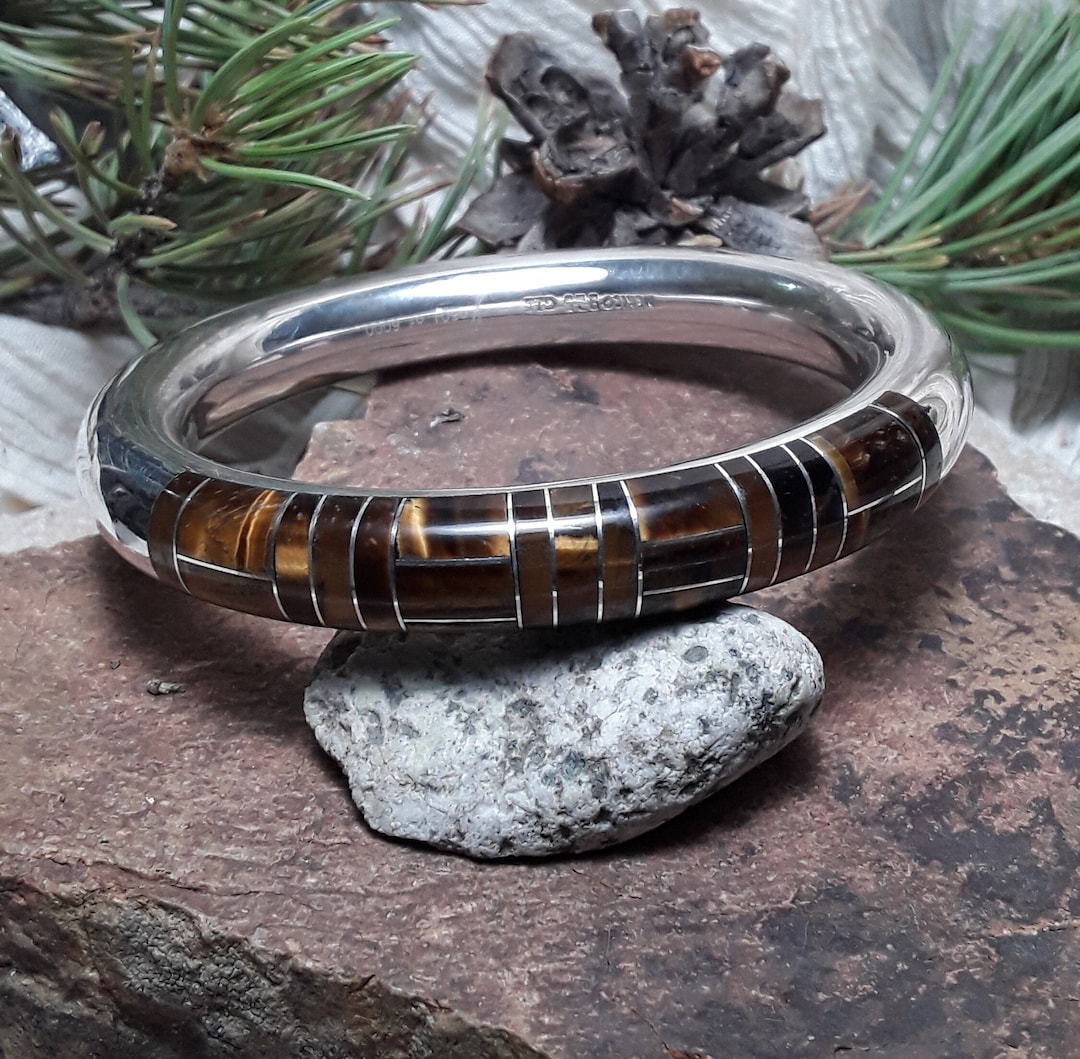 Vintage Modernist Taxco Sterling Tigers Eye Inlay Mosaic Bangle ...