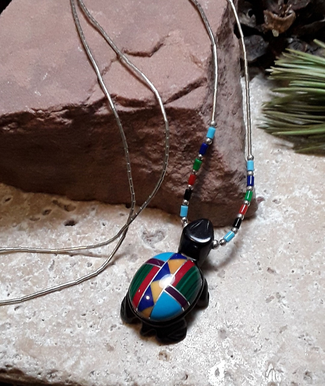 Native American Channel Inlay Turtle Pendant Necklace Colorful Semi ...