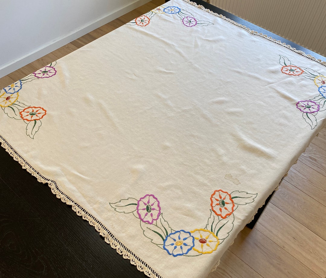 Vintage Hand Embroidered Table Cloth, Square Tablecloth, Art Deco ...