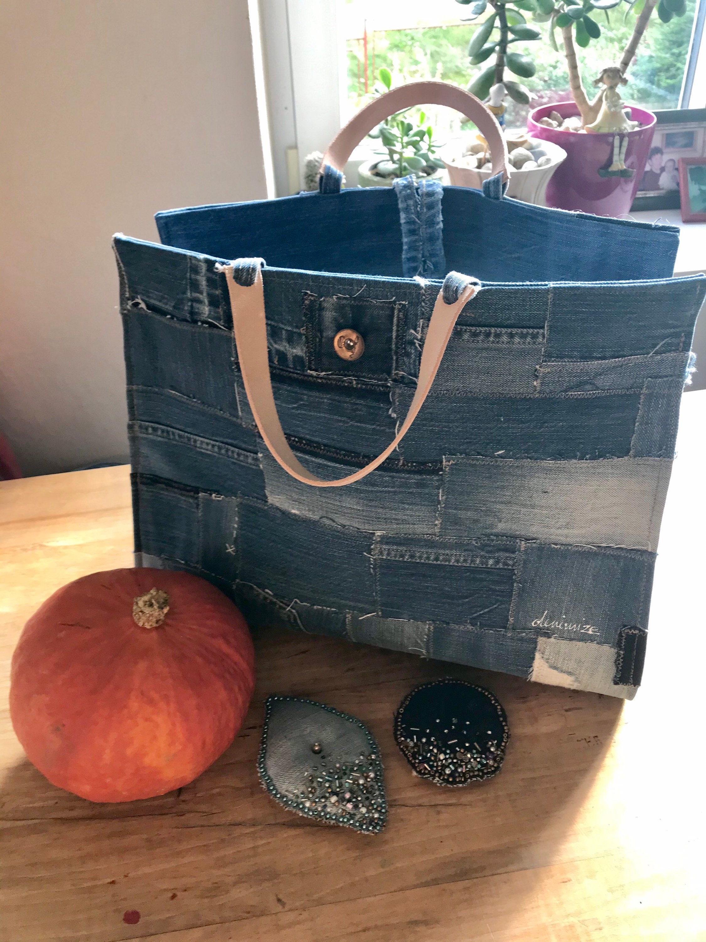 Denim Patchwork Handbag With Leather Handles, Blue Handbag, Recycled ...