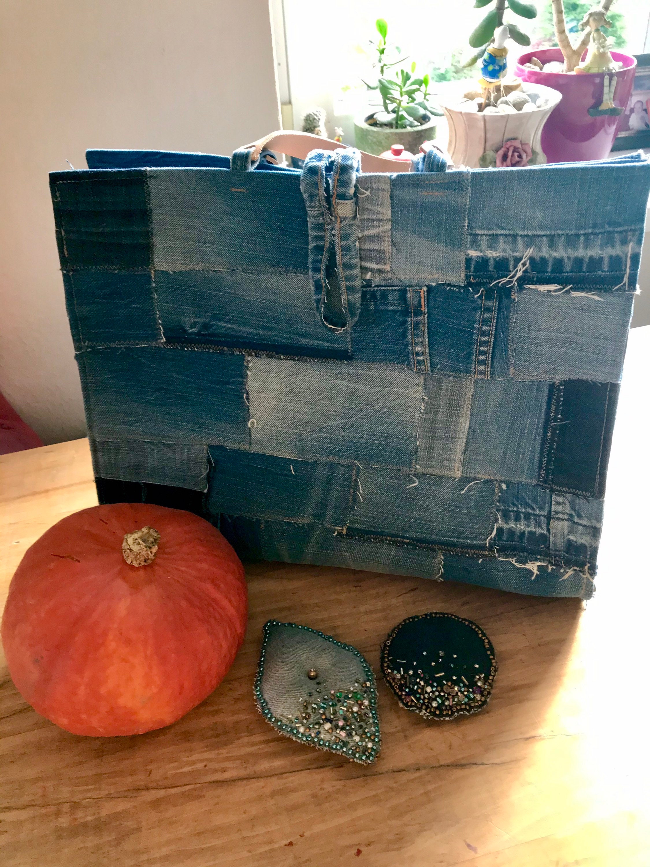 Denim Patchwork Handbag With Leather Handles, Blue Handbag, Recycled ...