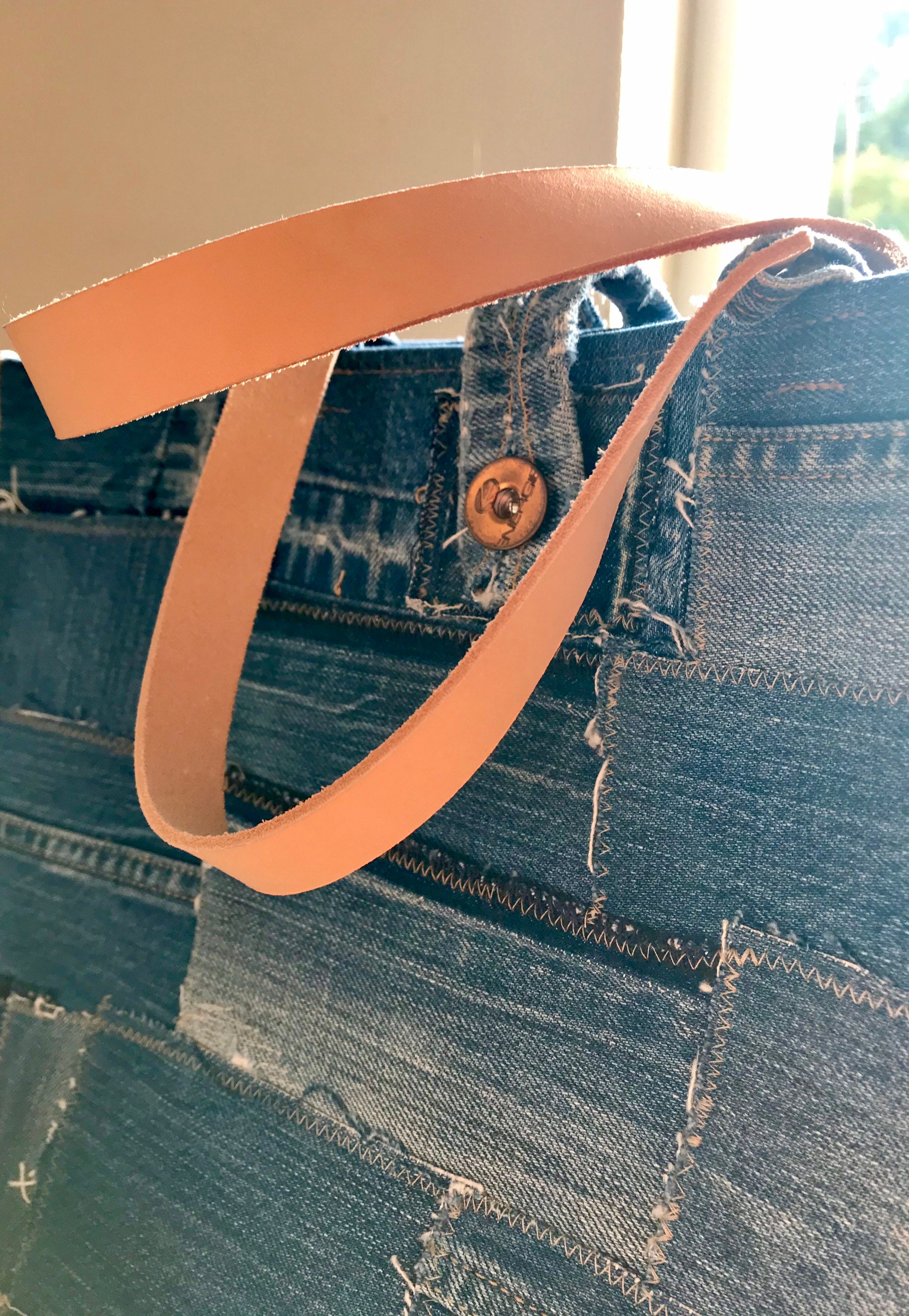 Denim Patchwork Handbag With Leather Handles, Blue Handbag, Recycled ...