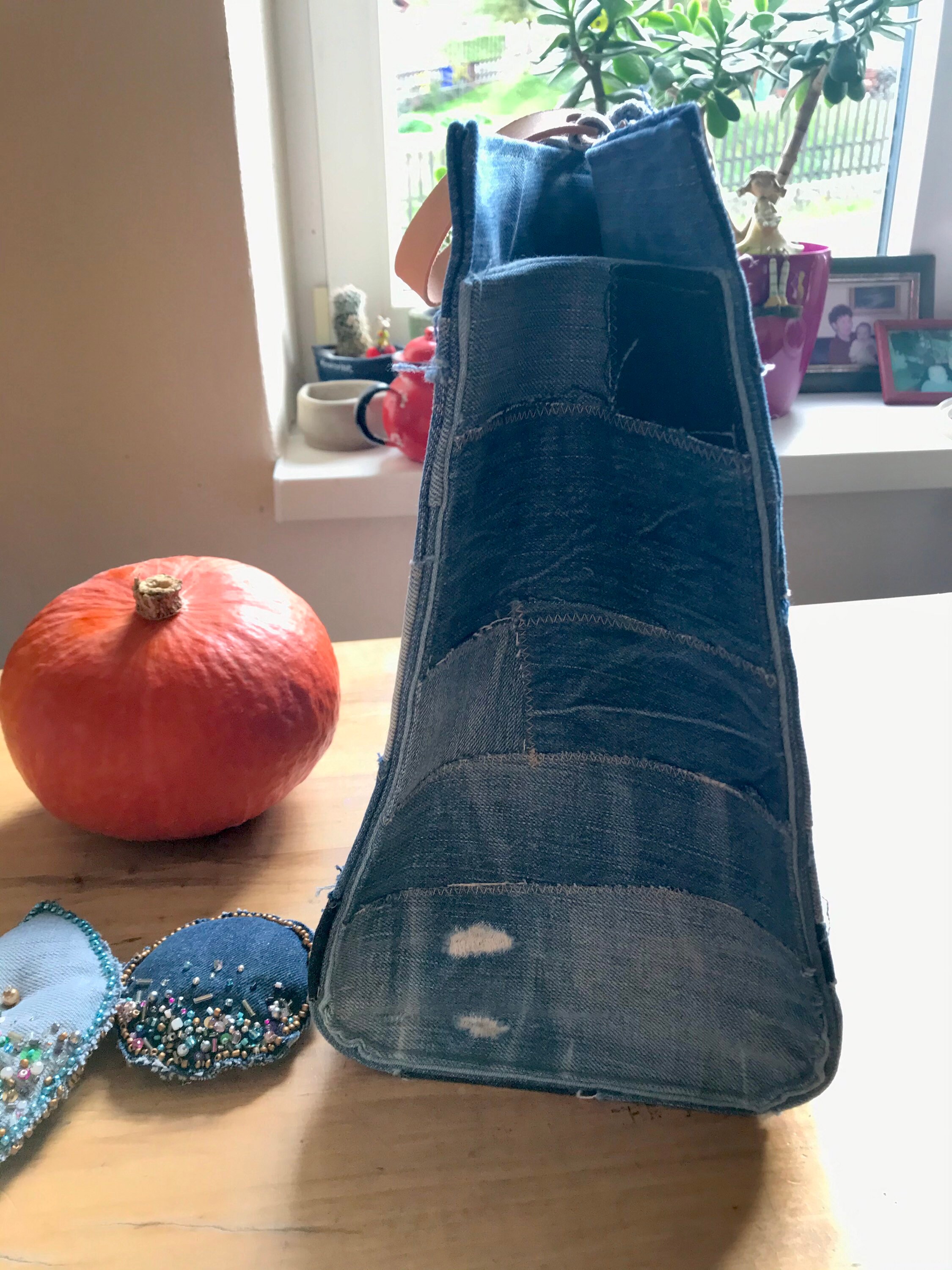 Denim Patchwork Handbag With Leather Handles, Blue Handbag, Recycled ...