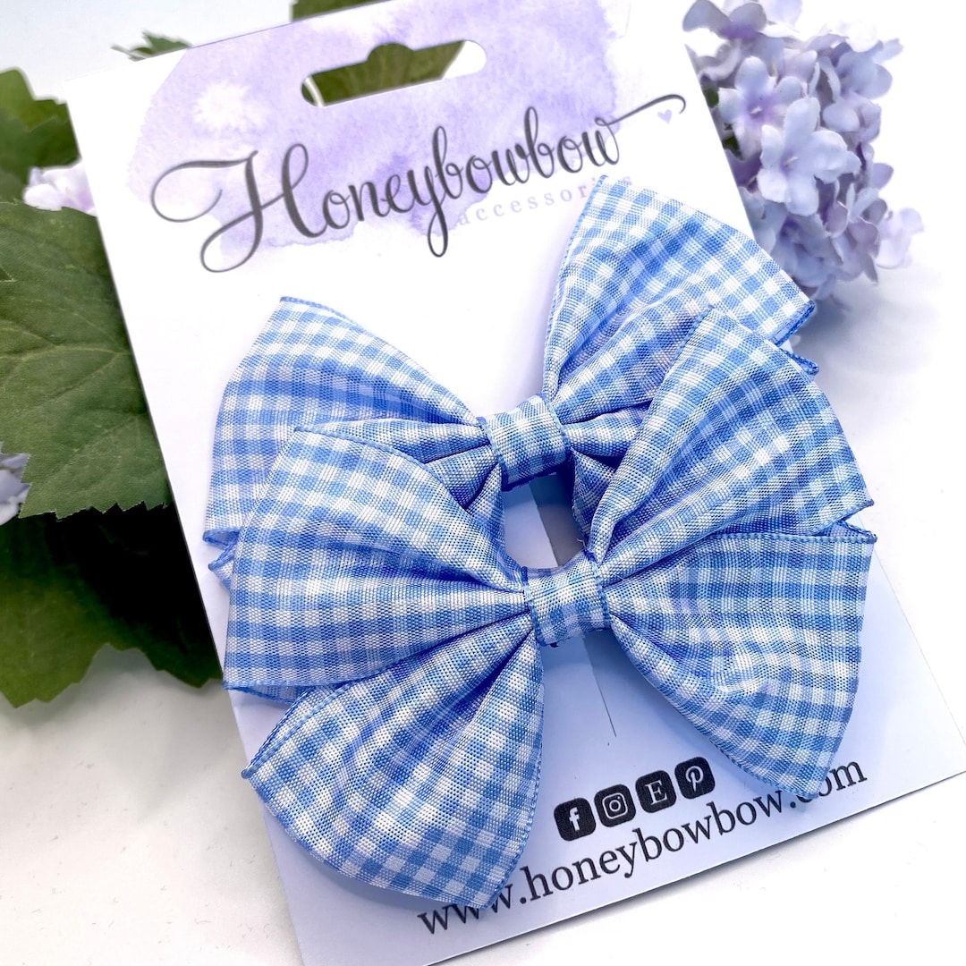 Blue School Bow, Light Blue Gingham School Bow, Baby Blue Bow, Pale ...