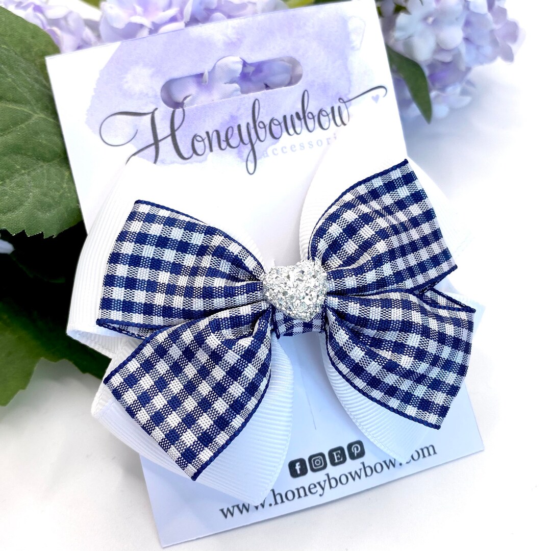 Navy Gingham Bow, Navy School Bow, Gingham School Bow, 3.5 Inch Hair ...