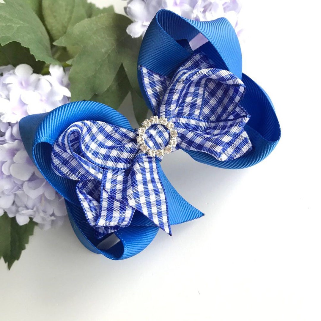 Royal Blue Gingham School Bow, Royal Blue School Hair Bow, Blue Double ...
