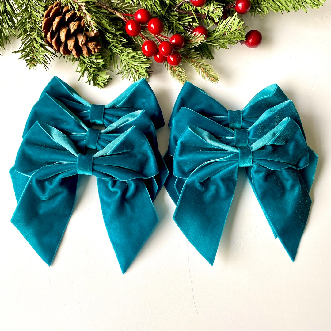 Teal Velvet Christmas Tree Bows, Velvet Bows for Christmas Tree, Christmas Decorations, Set of 6 ...