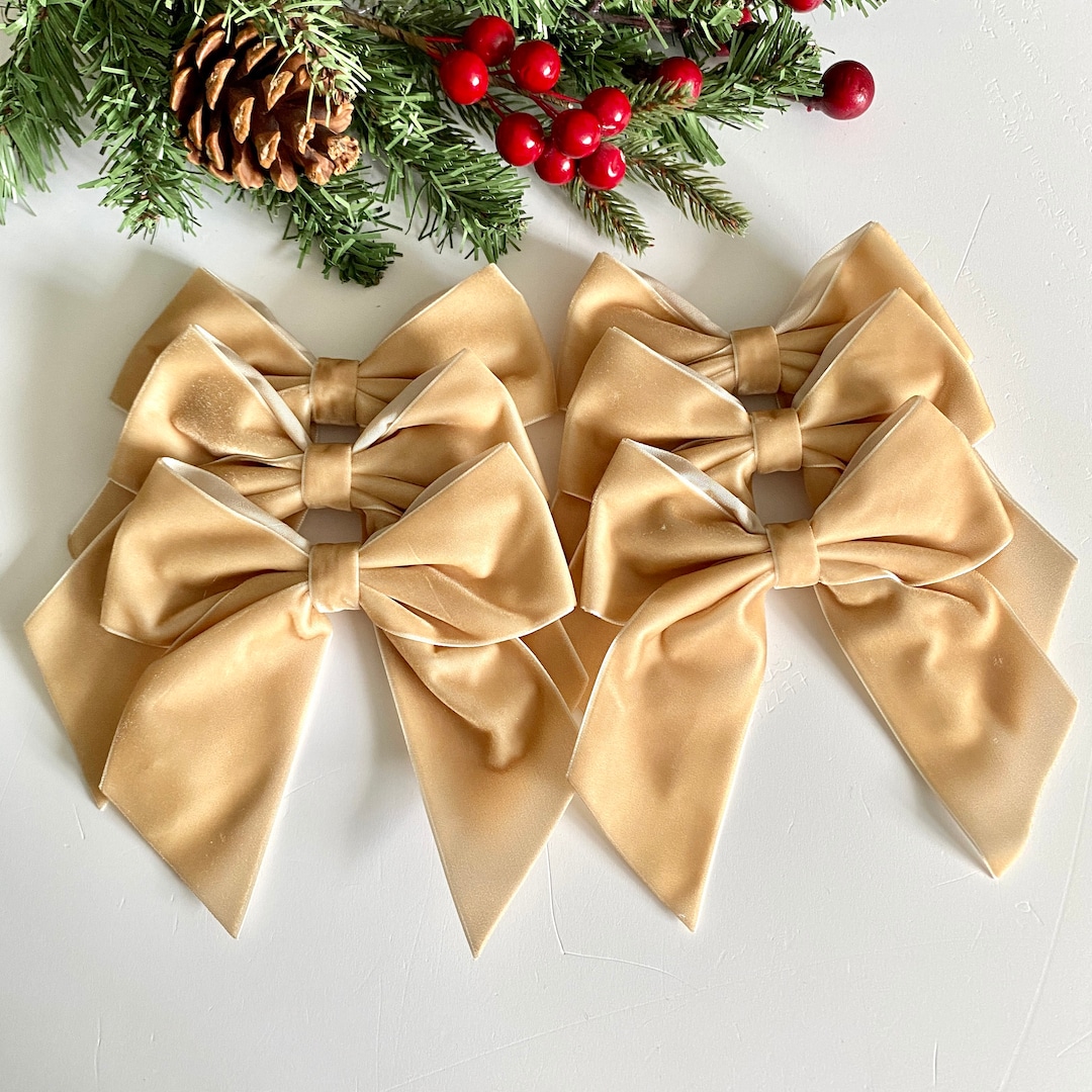 Gold Velvet Christmas Tree Bows, Velvet Bows for Christmas Tree, Christmas Decorations, Set of 6 ...