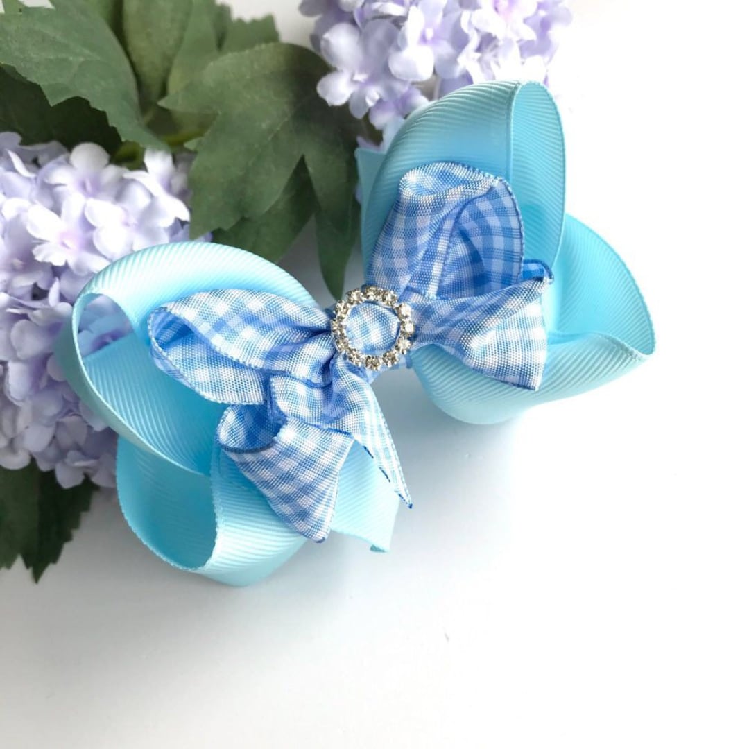 Light Blue Gingham School Bow, Baby Blue School Hair Bow, Blue Double ...