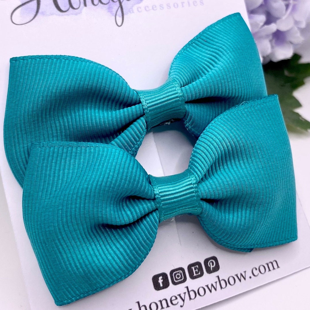 Jade Bows, Set of Clips, Teal Hair Bows, Ribbon Bow Clips, Small Jade ...