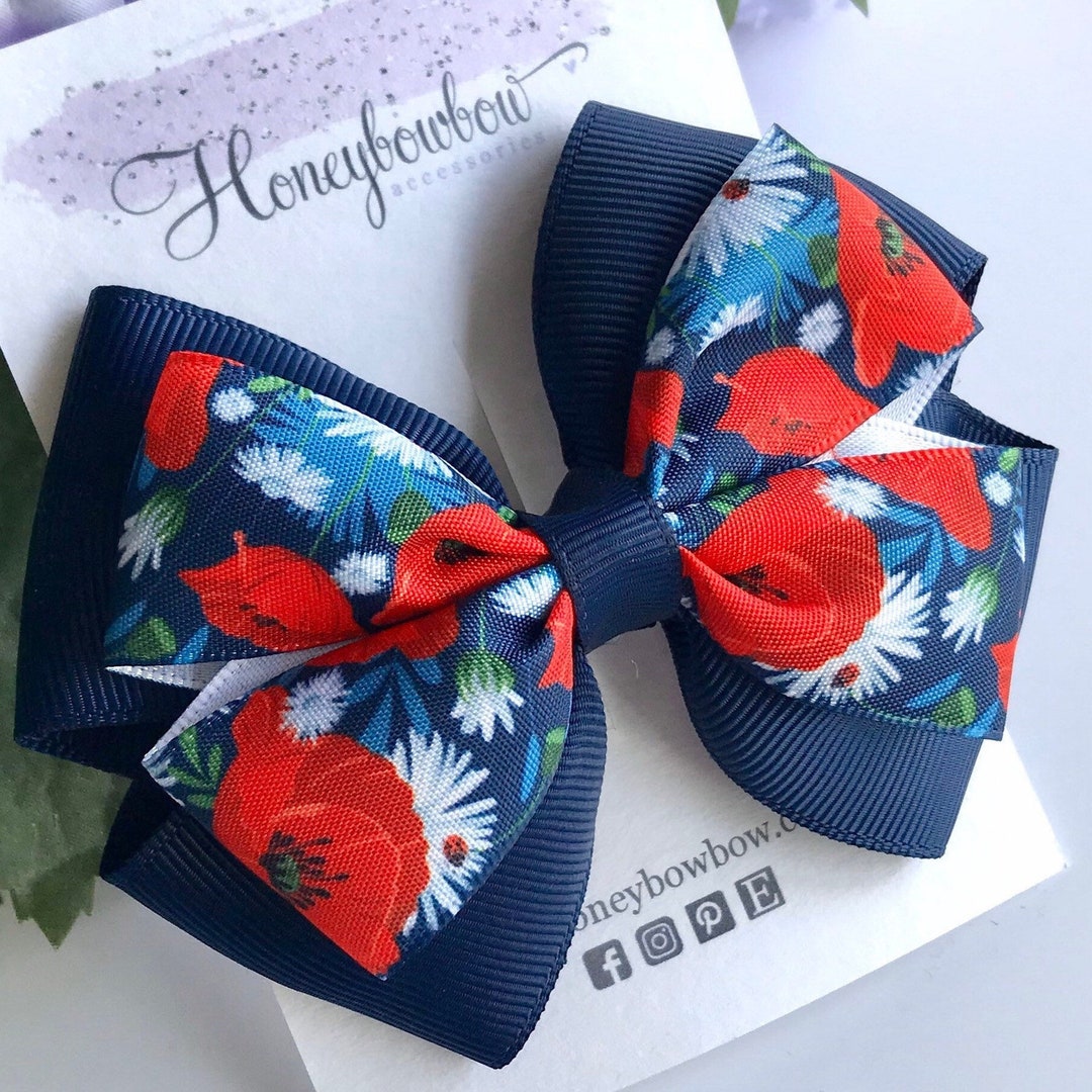 Poppy Bow, Poppies Ribbon Bow, 3.5" Double Tux Bow, Poppy Clip, Pick ...
