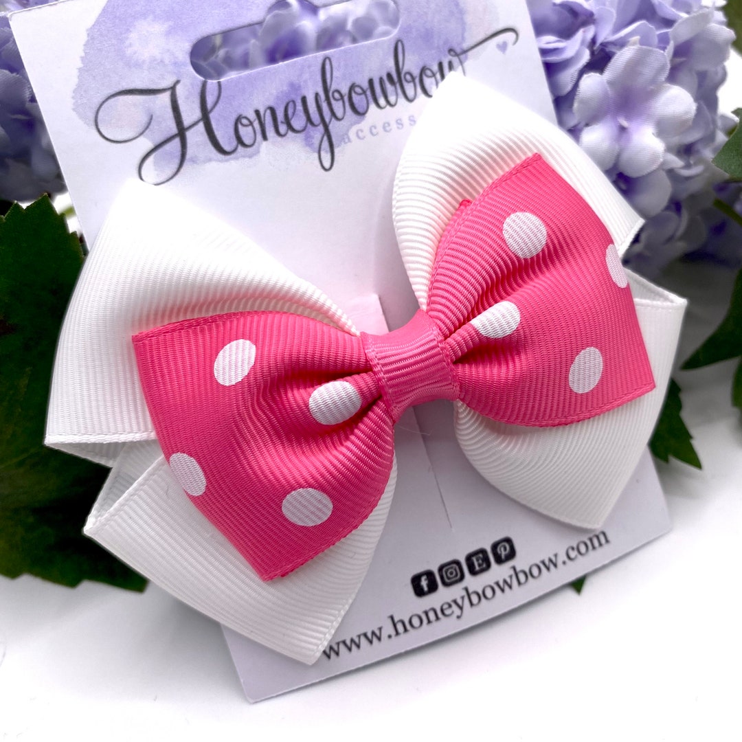 Hot Pink Spotty Bow, Pink Ribbon Bow, 3.5" Double Tux Bow, Pink and ...