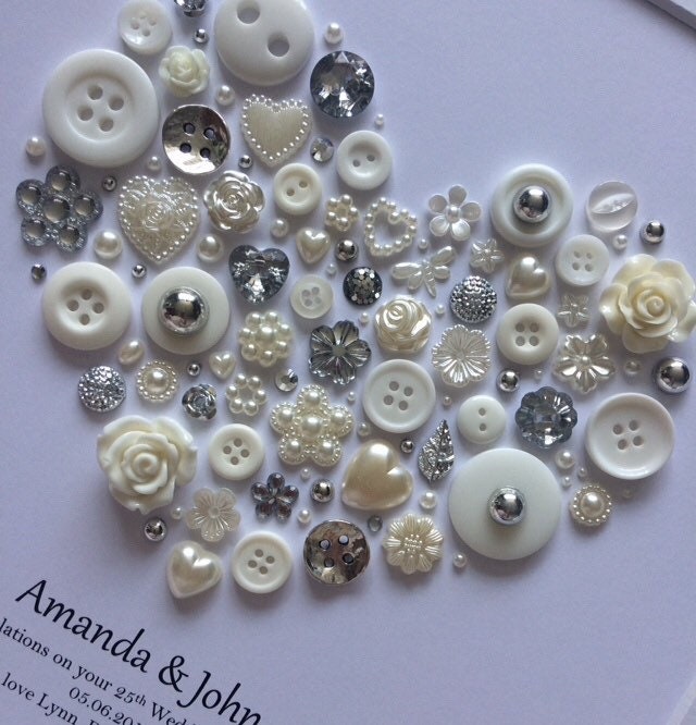 25th Anniversary Button Art, Silver Wedding Gift, Personalized Heart ...