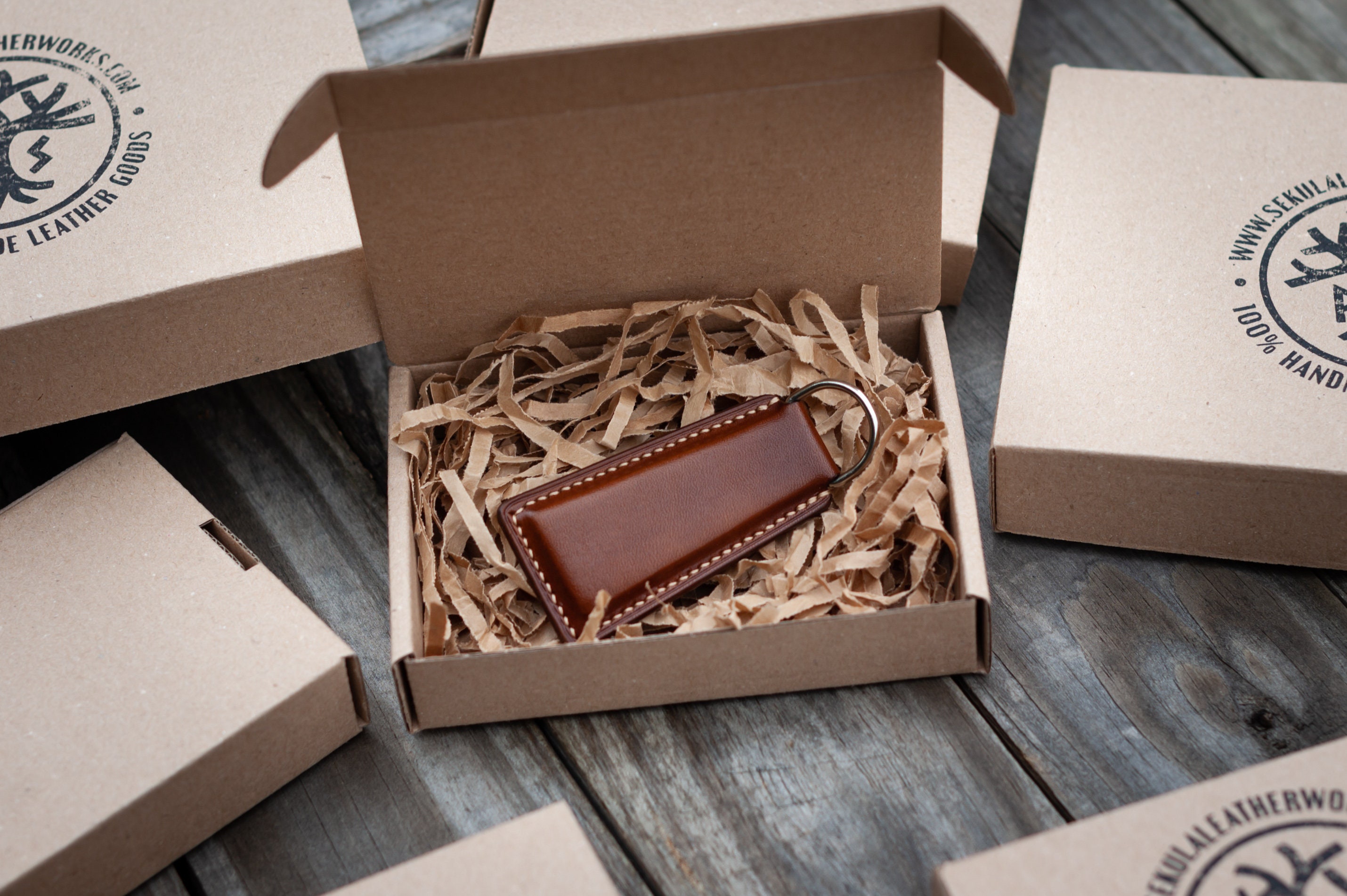 Leather Padded Keychain Walnut Leather Key Fob Monogram Hand | Etsy