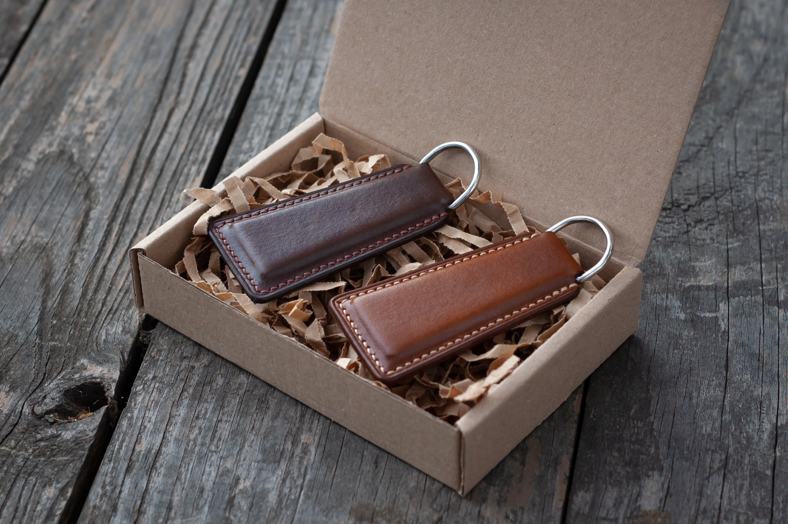 Leather Padded Keychain Walnut Leather Key Fob Monogram Hand | Etsy