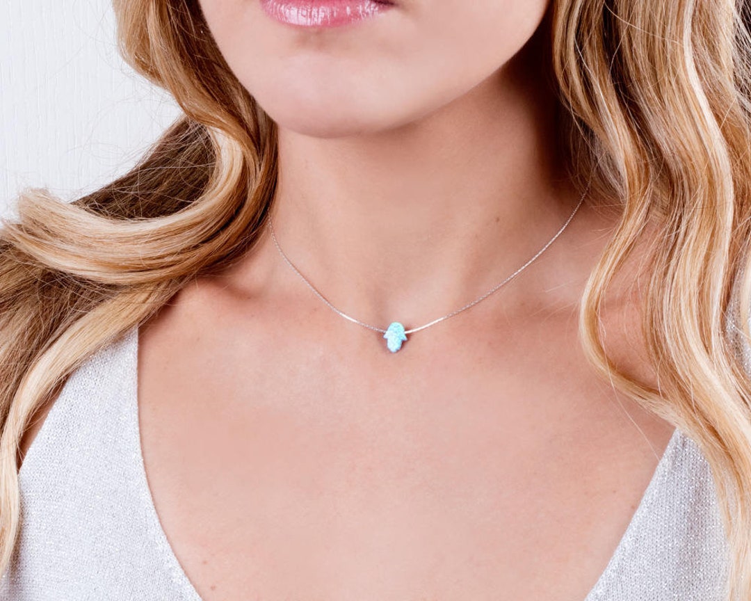 Opal Hamsa Necklace Evil Eye Charm Minimalist Hamsa - Etsy