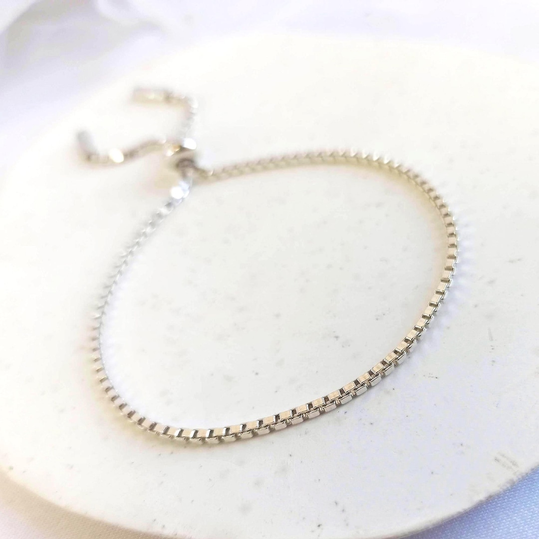Sterling Silver Adjustable Box Chain Bracelet: Sliding Bead Design ...