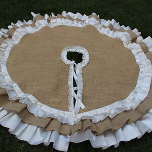 Burlap Christmas Tree Skirt With White Satin Ruffles, Rustic Holiday ...