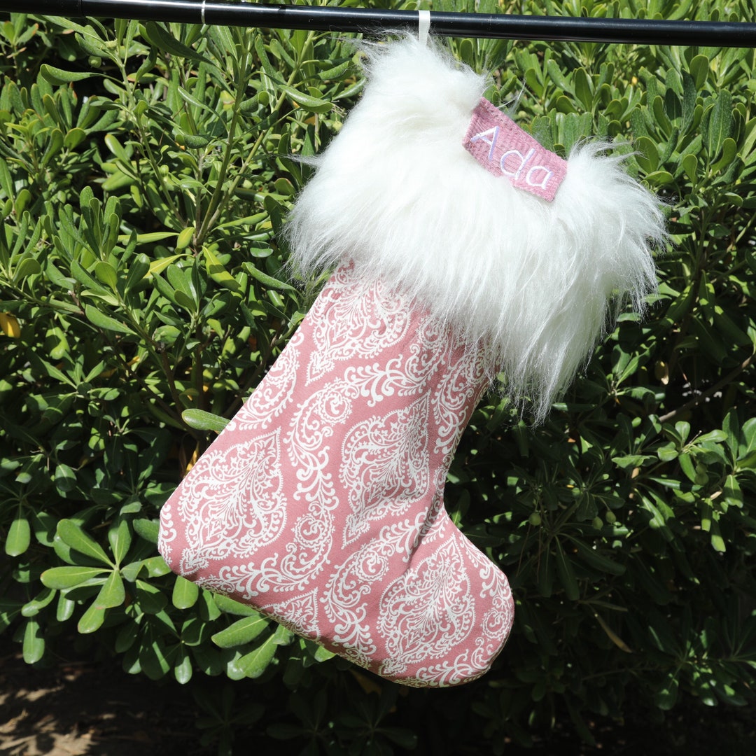 Personalized Pink Christmas Stocking, Damask Christmas Decor, Shaggy ...