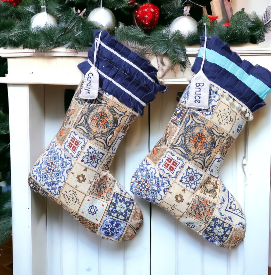 Blue Christmas Stocking Set, Personalized Christmas Stockings, Boho ...