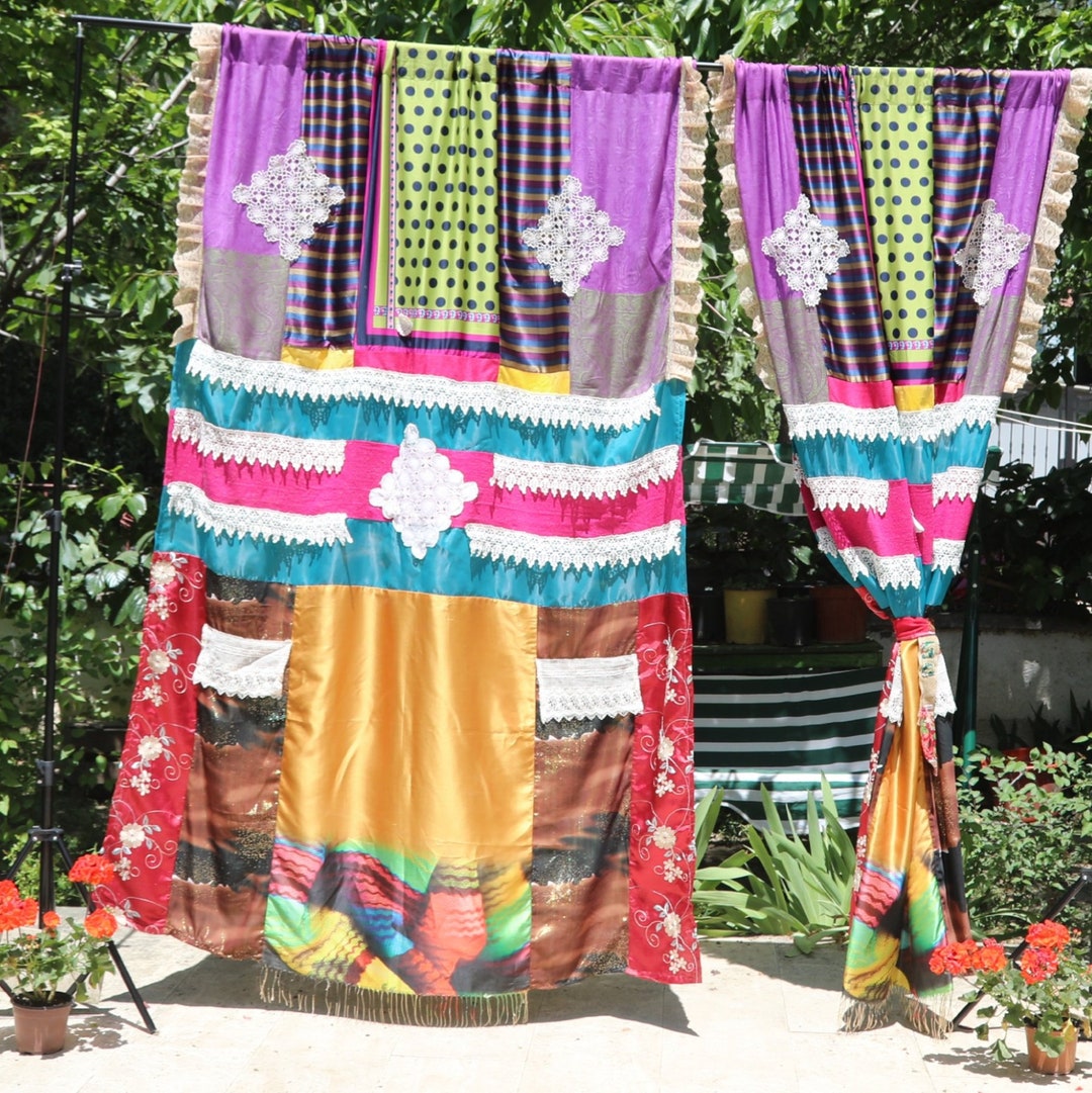 Gypsy Curtain Panels, Patchwork Scarf Curtain, Boho Backdrop, Junk ...