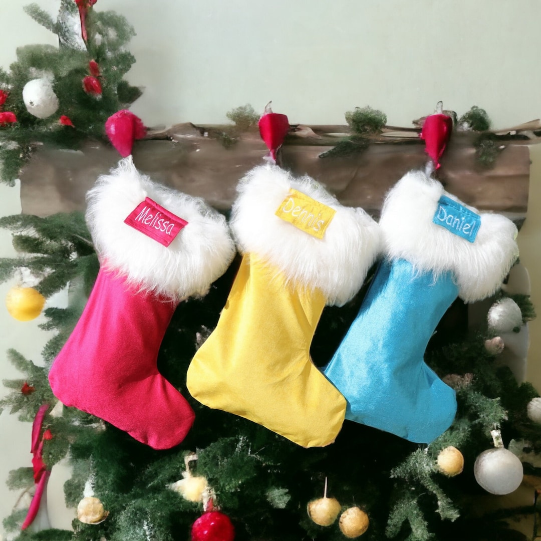 Personalized Christmas Stocking Set With Faux Fur Cuff - Velvet ...