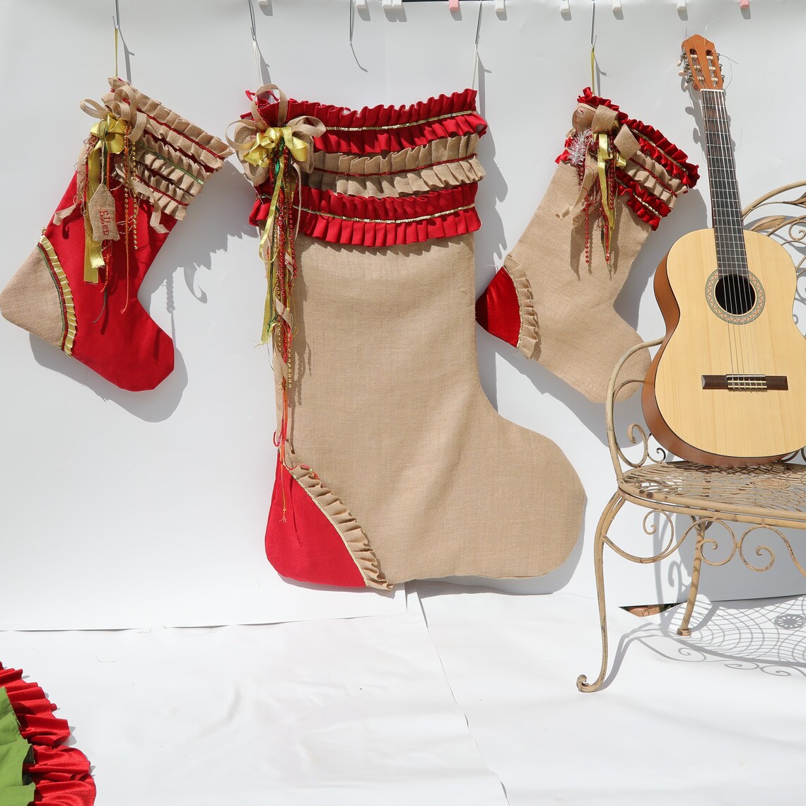 Large Burlap Christmas Stocking, Shabby Chic Stockings, Jumbo Christmas ...