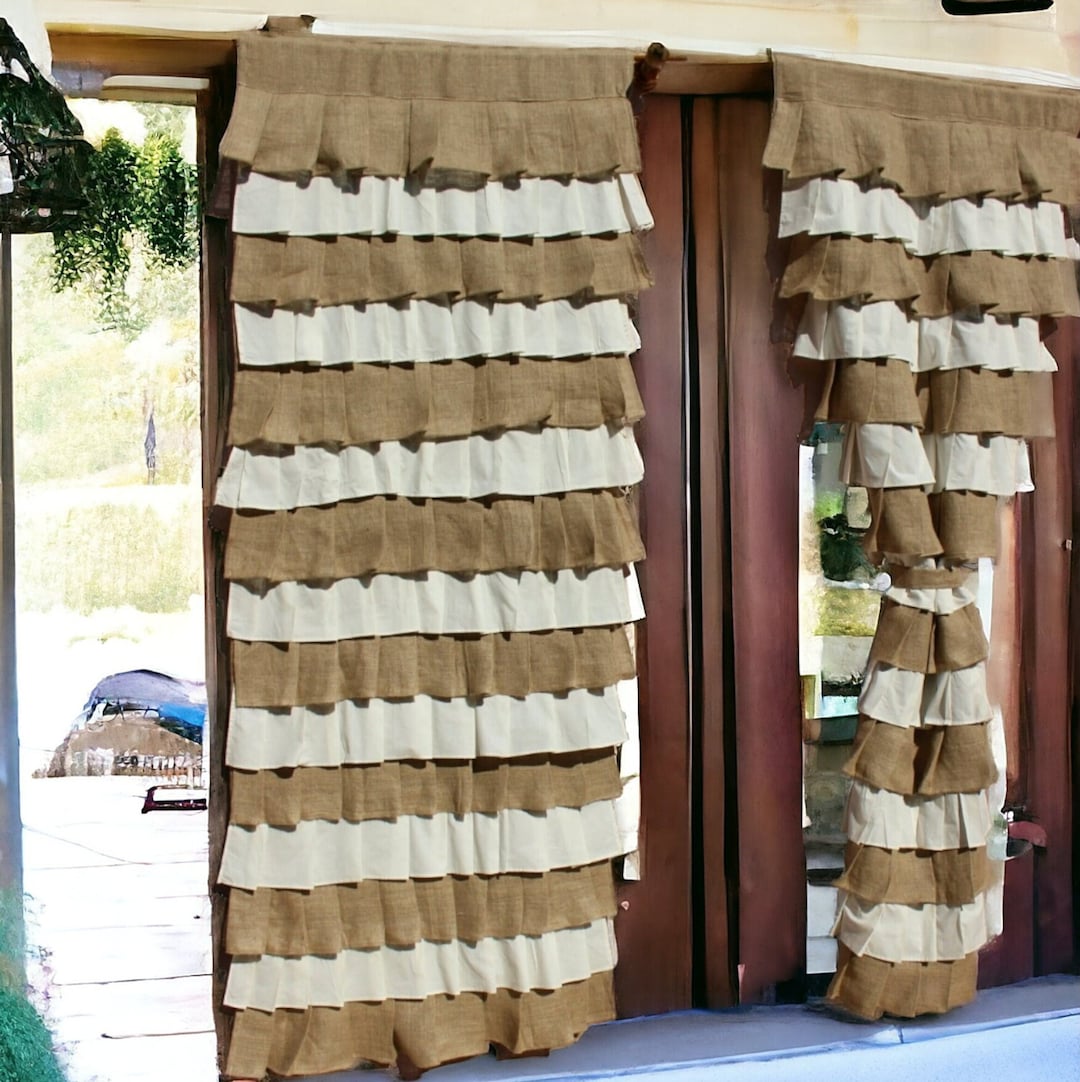 Burlap Curtains for Living Room, Cottage Panels, Burlap Ivory Ruffle ...
