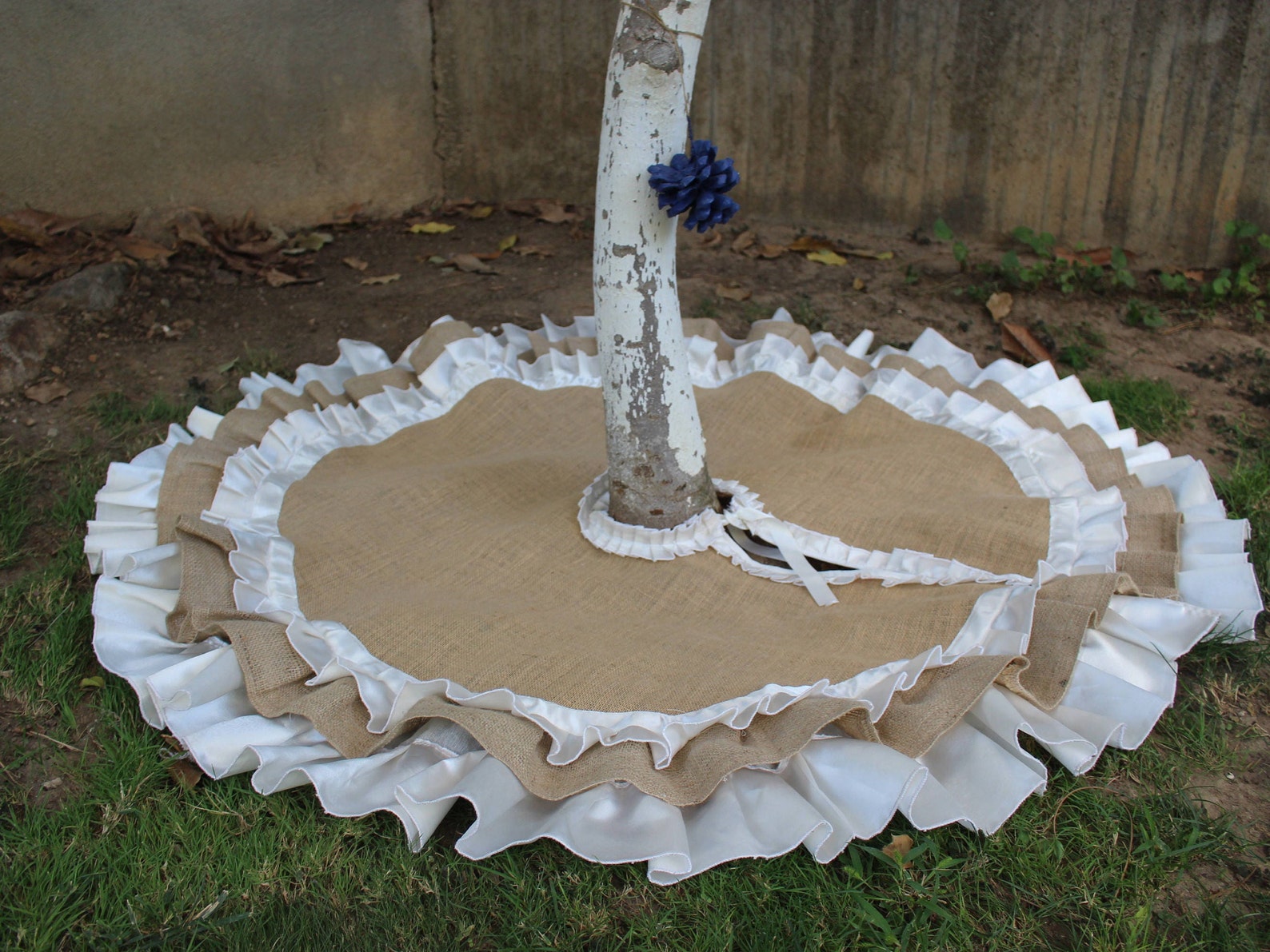 Burlap Christmas Tree Skirt With White Satin Ruffles Rustic - Etsy