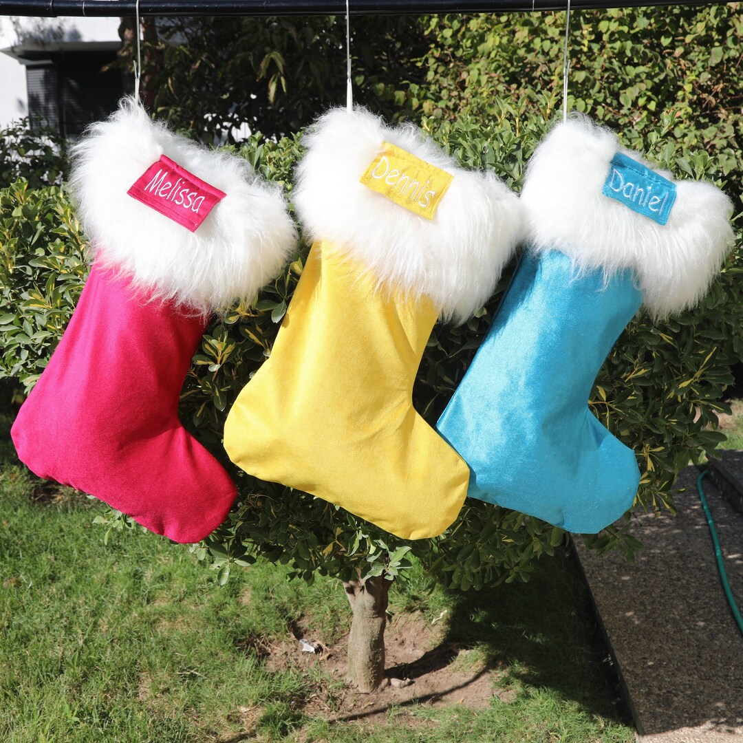 Custom Yellow Velvet Christmas Stocking With Shaggy Cuff | Monogrammed ...