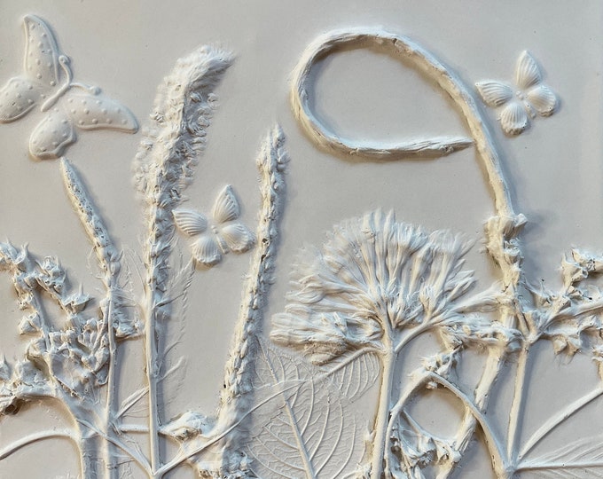 White Butterfly Garden Plaster Wall Art, Floral Imprint Casting, Flower ...