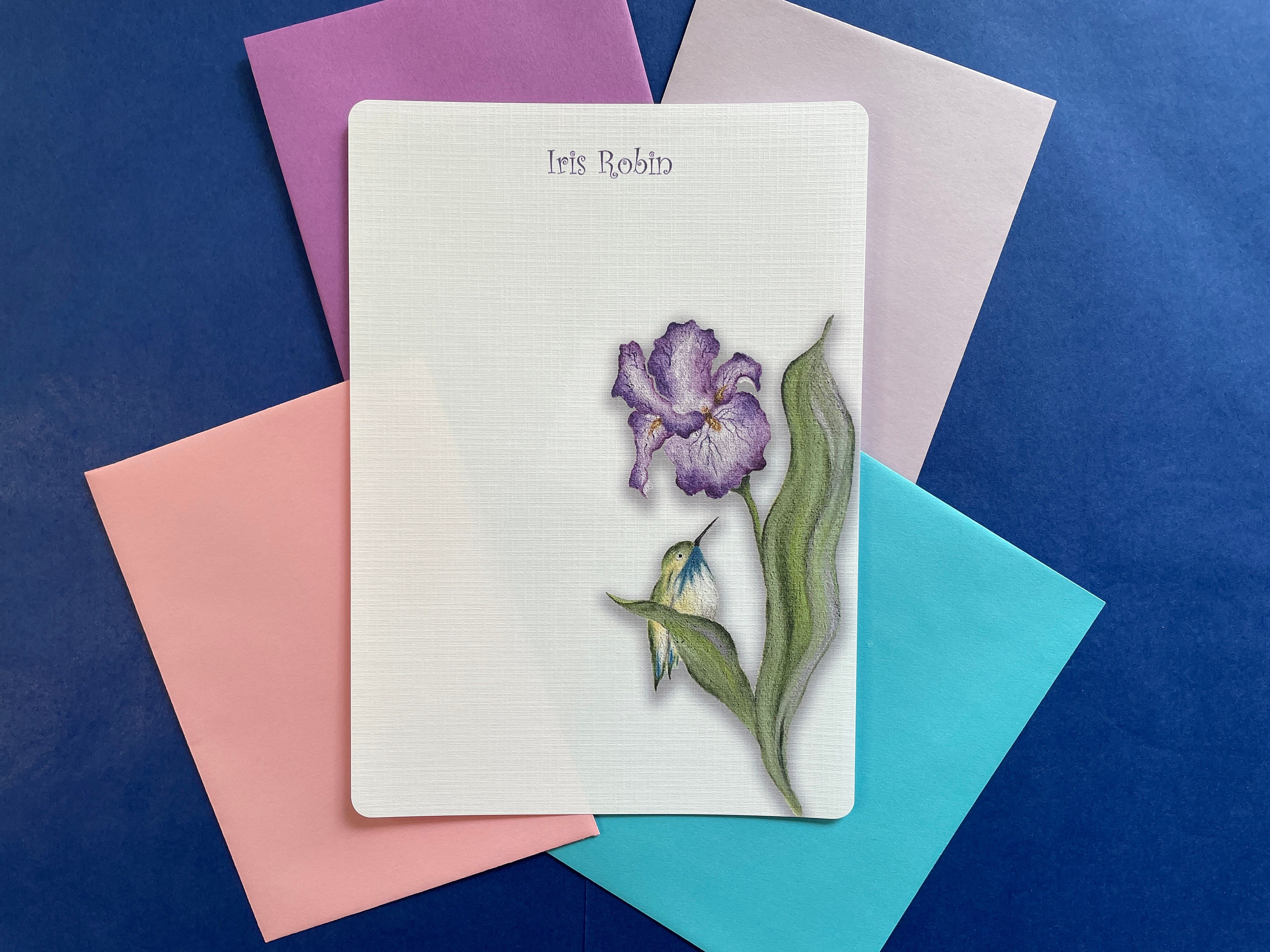 Personalized Writing Paper Set of 36, Hummingbird & Purple Iris, Letter ...