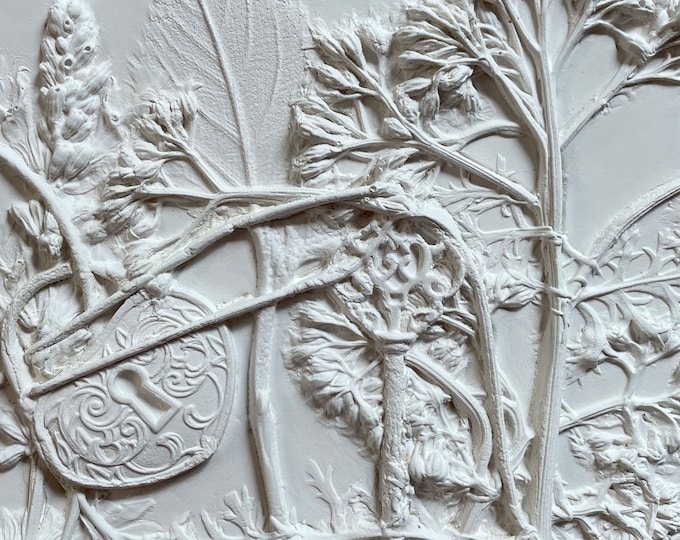 Secret Garden Plaster Wall Art, Lock & Key Botanical Bas Relief, Purple ...