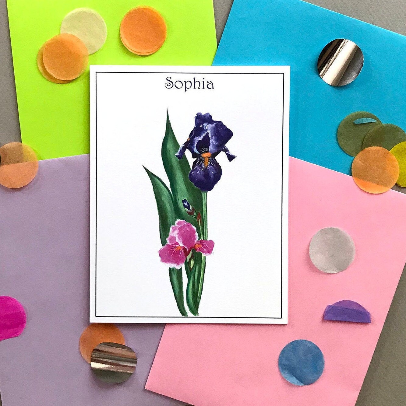 Personalized Iris Folded Note Card Set, Custom Purple & Pink Iris Note ...