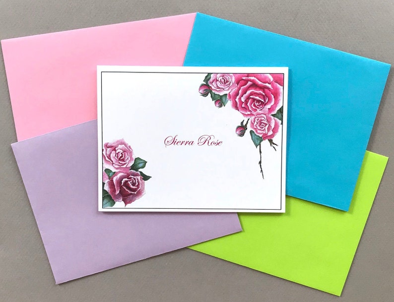 Pink Rose Bouquet Personalized Note Cards, Women's Folded Note Card ...