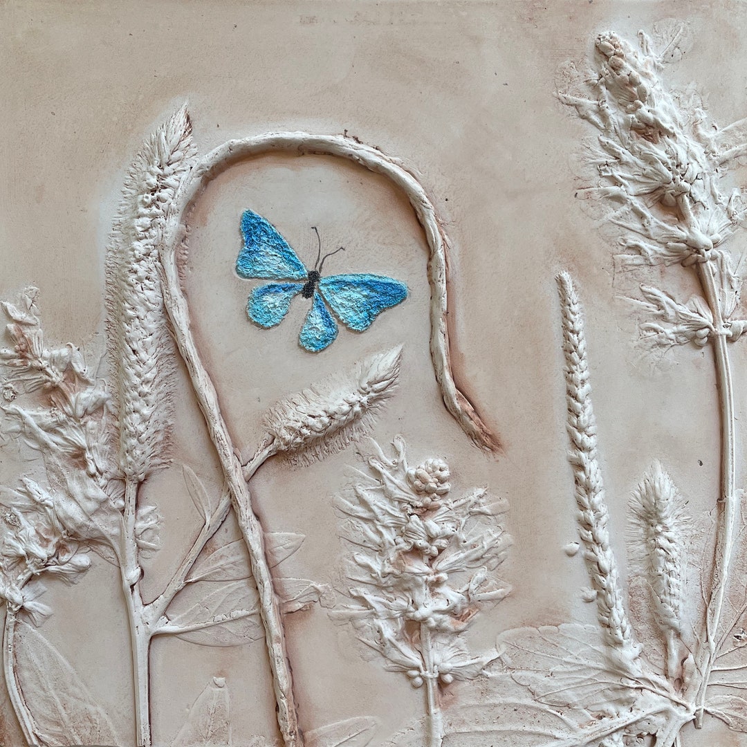 Blue Butterfly Botanical Bas Relief Hand Painted Plaster Wall - Etsy