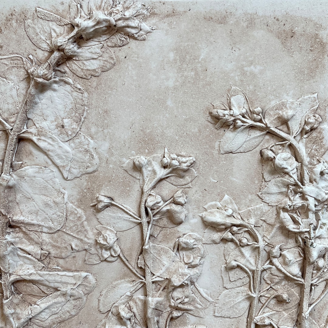 Botanical Bas Relief, Floral Garden Sculpture, Decorative Ceramic Tile ...