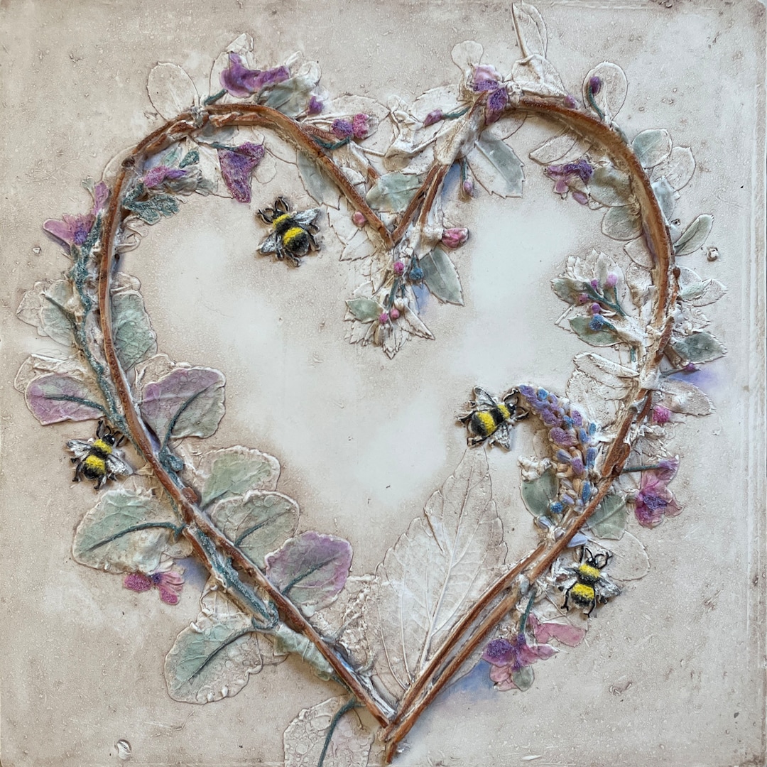 Bumble Bee Heart Botanical Bas Relief, Floral Wreath Imprint Casting ...