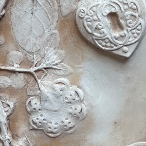 Heart Lock Botanical Bas Relief, Square Wall Sculpture, Floral Imprint ...