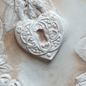 Heart Lock Botanical Bas Relief, Square Wall Sculpture, Floral Imprint ...