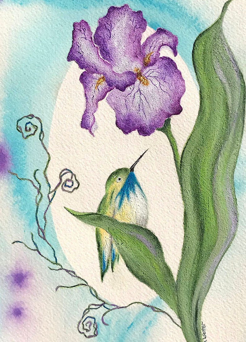 Blue Hummingbird & Purple Iris Painting, Bird Artwork, Hummingbird ...