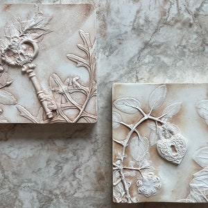Heart Lock Botanical Bas Relief, Square Wall Sculpture, Floral Imprint ...