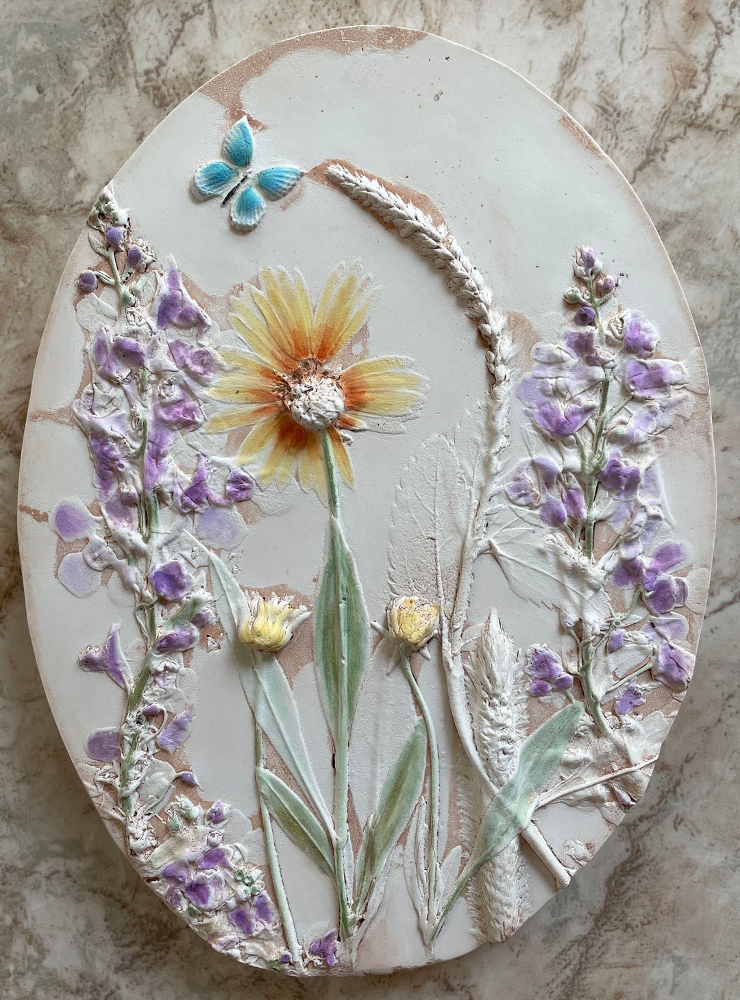 Flower Garden Botanical Bas Relief Hand Painted Summer - Etsy