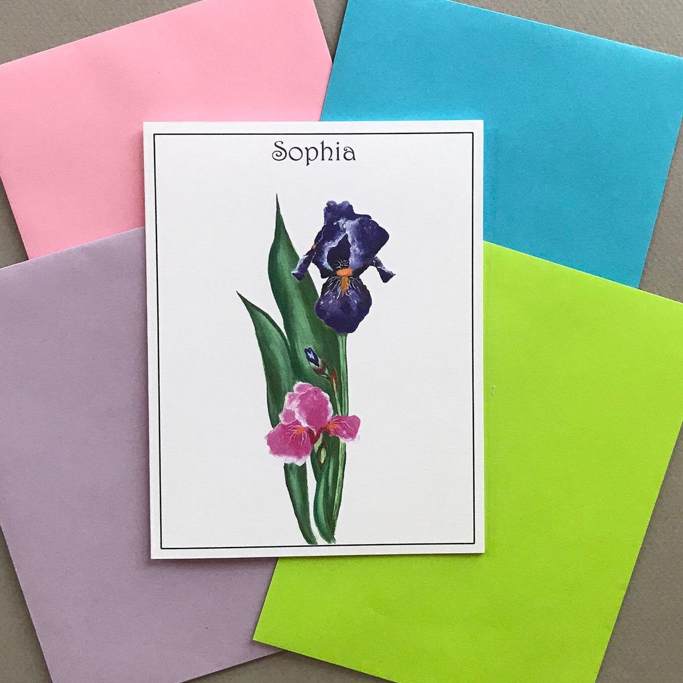Personalized Iris Folded Note Card Set, Custom Purple & Pink Iris Note ...