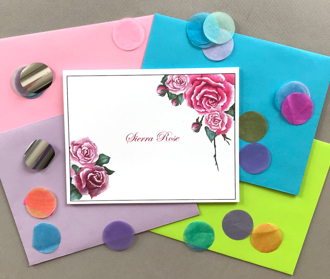 Pink Rose Bouquet Personalized Note Cards, Women's Folded Note Card ...