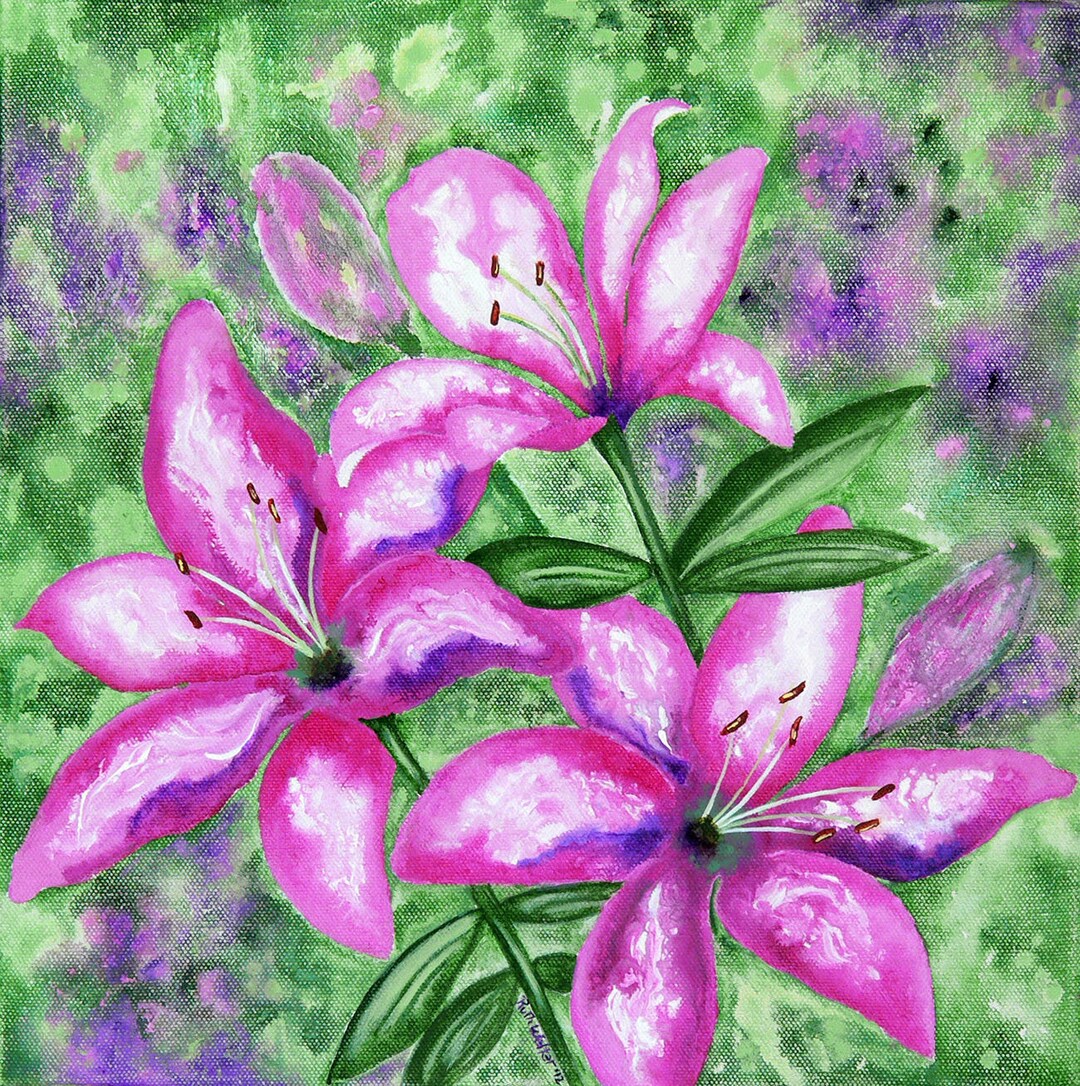 Pink Lilies Original Acrylic Painting, Garden Lilies on Gallery Canvas ...