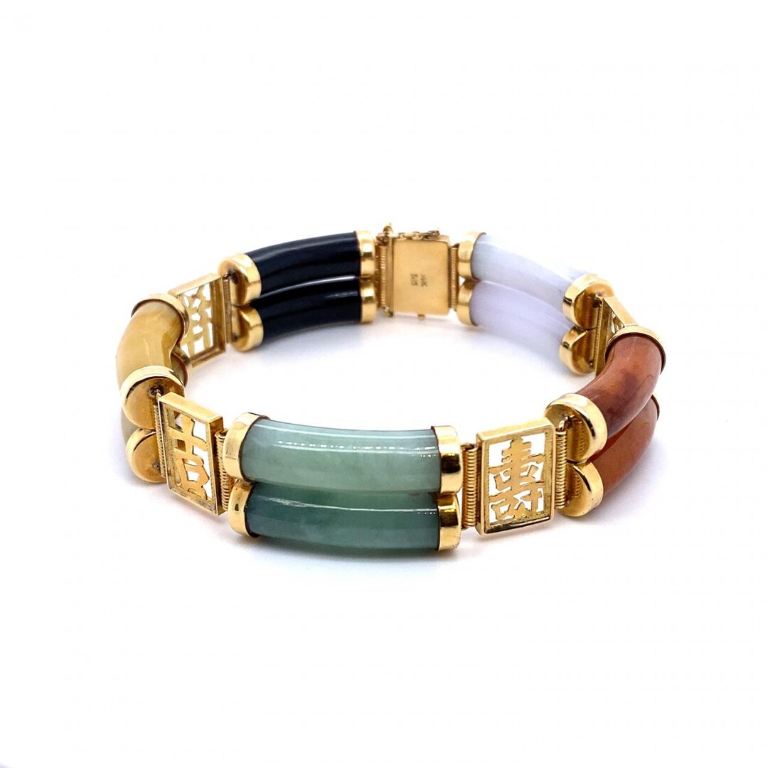 Vintage Carved Multi Color Jade Five Link and 14K Yellow Gold Bracelet ...