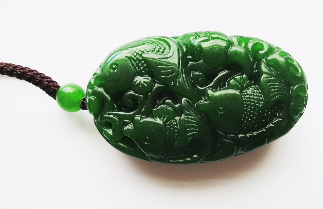 Chinese Dark Green Carved Jade Fish Pendant - Etsy